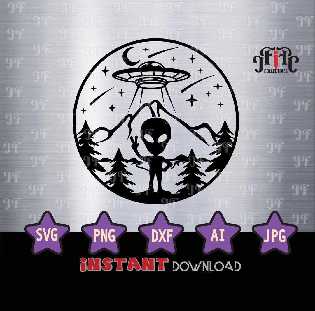 Alien Under the Moon Svg | Alien Svg | UFO Svg | Mountain Scene Svg ...