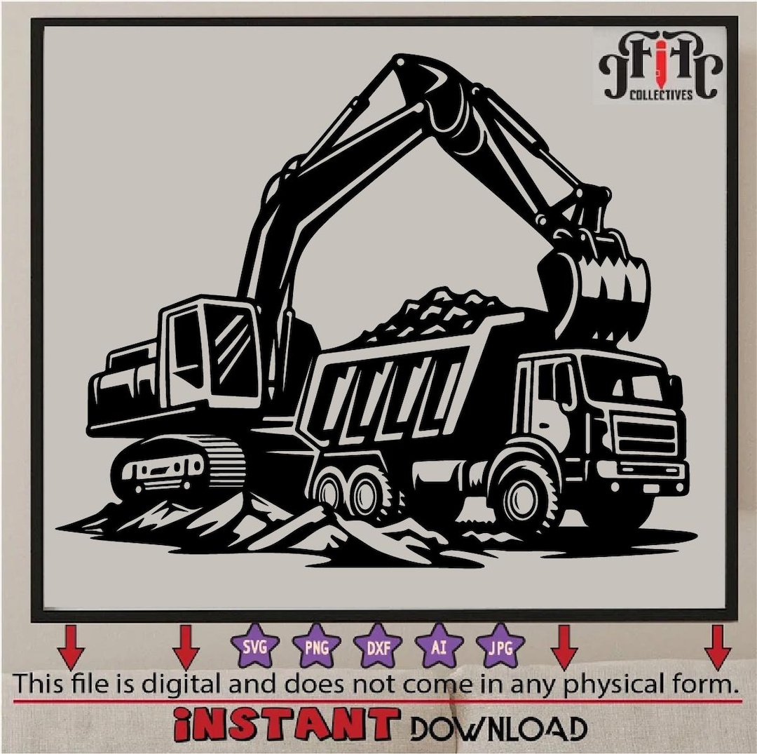 Dump Truck SVG With Track Hoe Cut File | Dump Land Clipart | Excavator ...