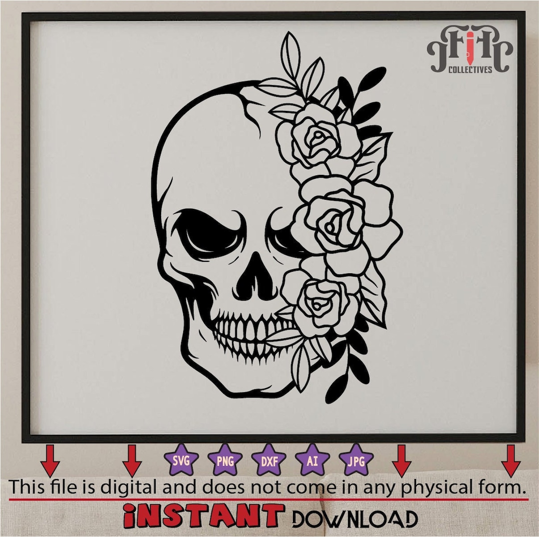 Skull Svg File, Floral Skull Svg, Skull Vector, Skull Flower Svg Vector ...