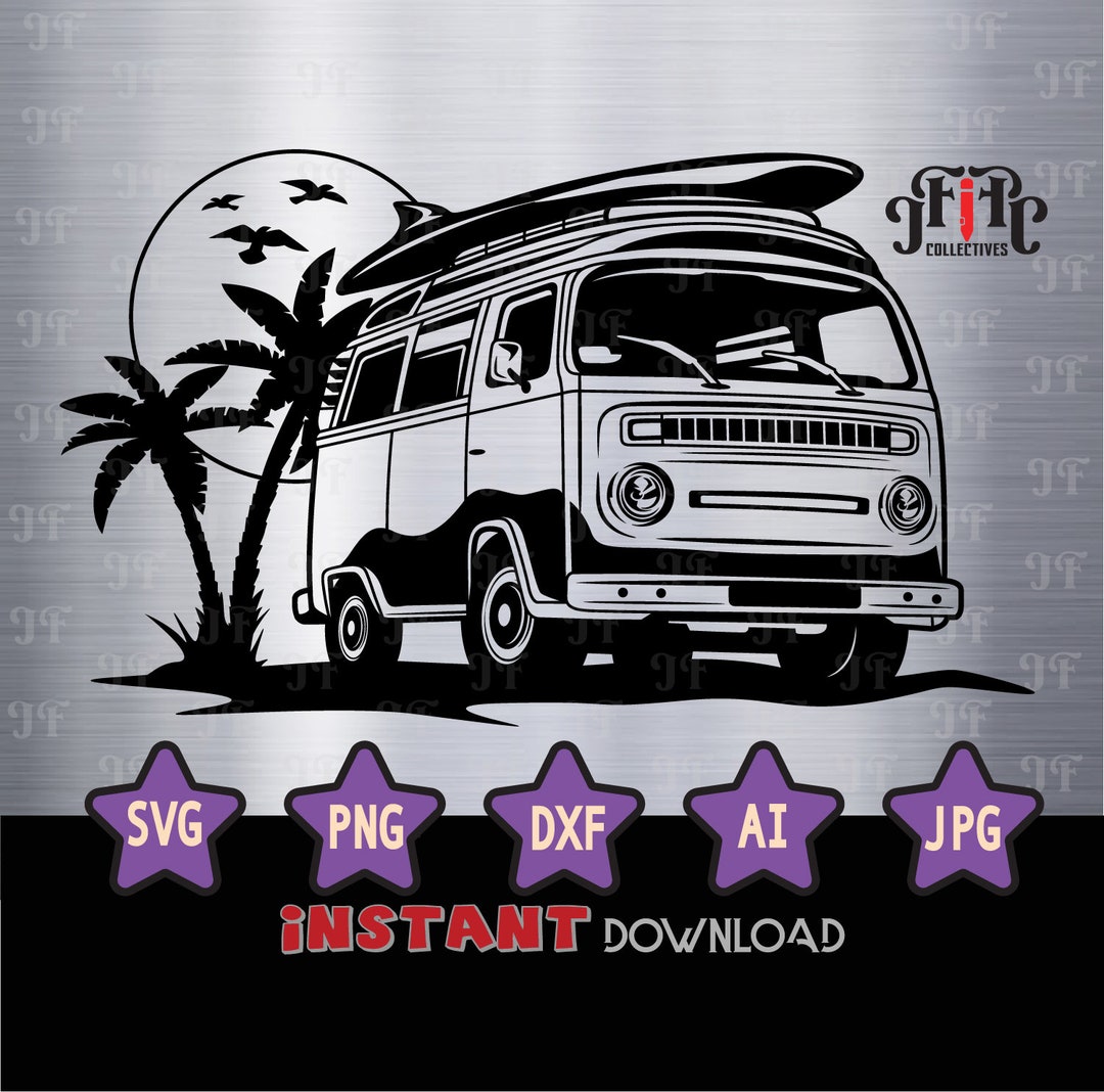 Surfing Van Svg | Vintage Summer Vehicle Clipart | Palm Beach Cut File ...
