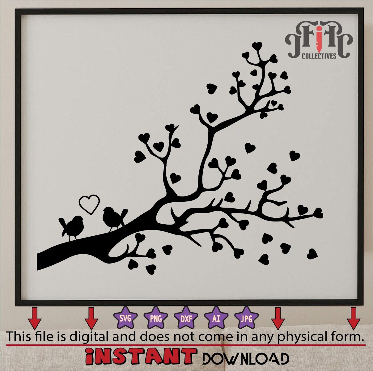 Heart Tree Branch SVG. Birds on Tree Silhouette Template, Decal. Family ...
