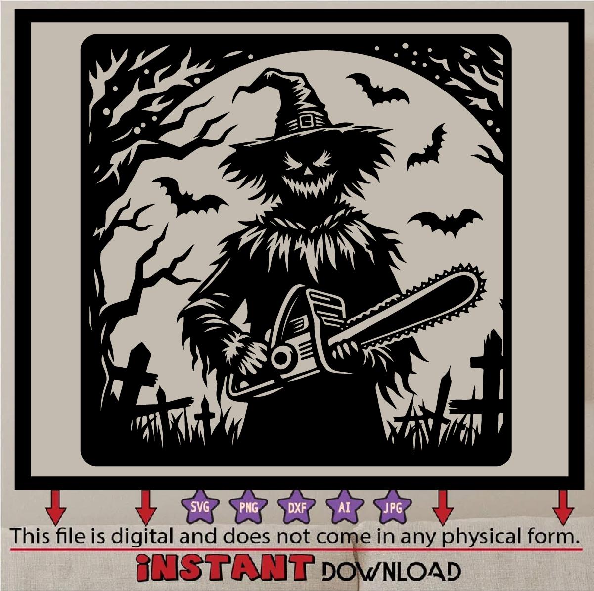 Spooky Scarecrow With Chainsaw Cemetery SVG | Halloween Horror Cut File ...