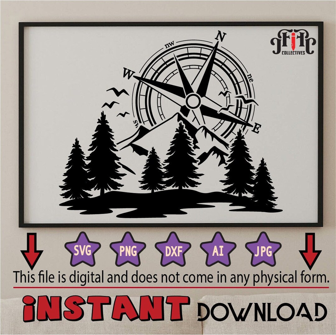Compass and Mountains Svg | Compass and Forest Svg | Nature Svg ...