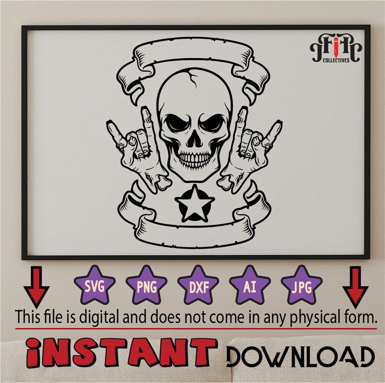 Zombie Rock Hand Sign Svg ,rocker Skull Svg , Punk Rock Skull Svg ...