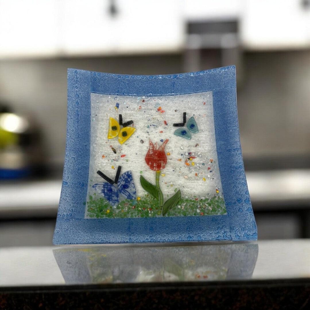 Glass Spring Plate, Butterfly Plate, Flower Plate, Fused Glass Art ...