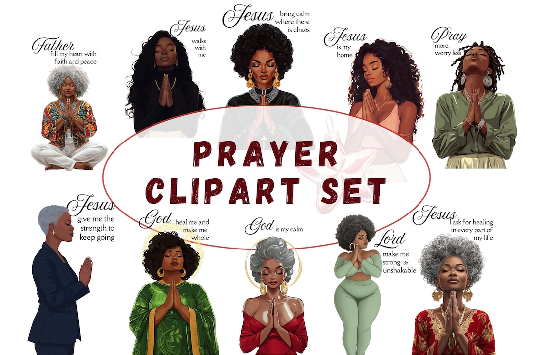 Black Woman in Prayer Clipart Set 40 PNG Illustrations 40 Praying ...