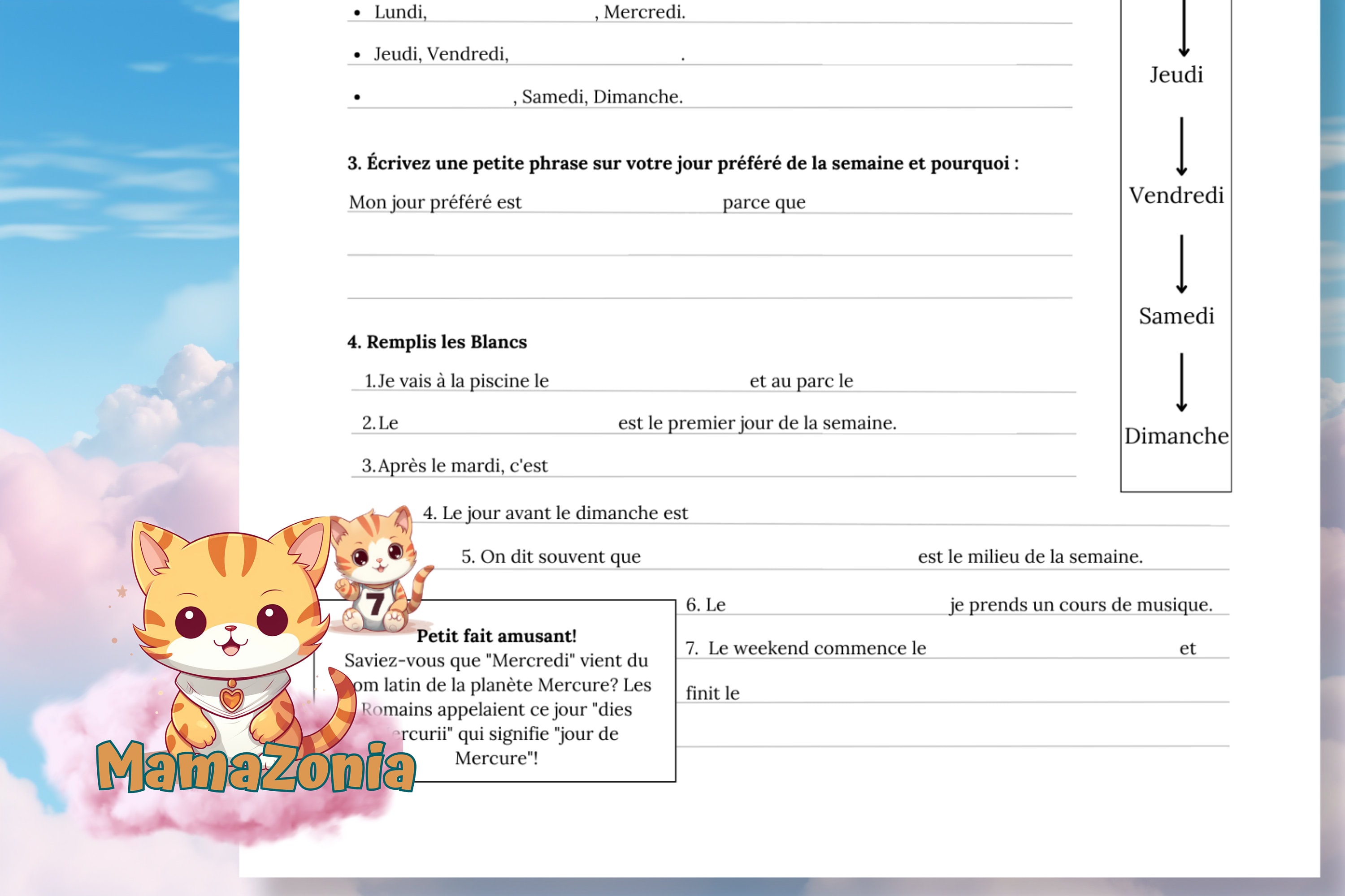 French Days of the Week Exercises for Kids 5 exercices - Etsy