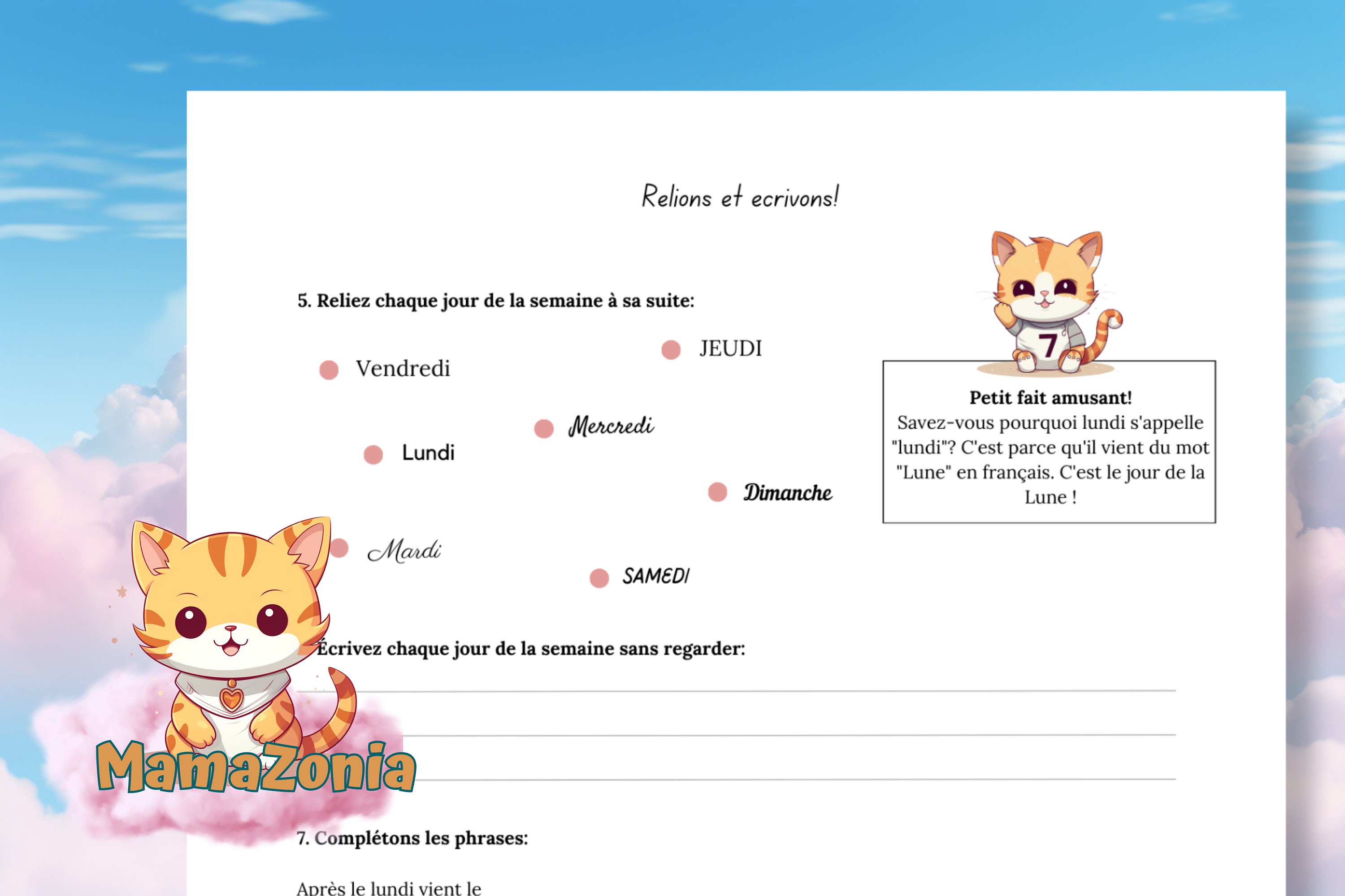 French Days of the Week Exercises for Kids 5 exercices - Etsy