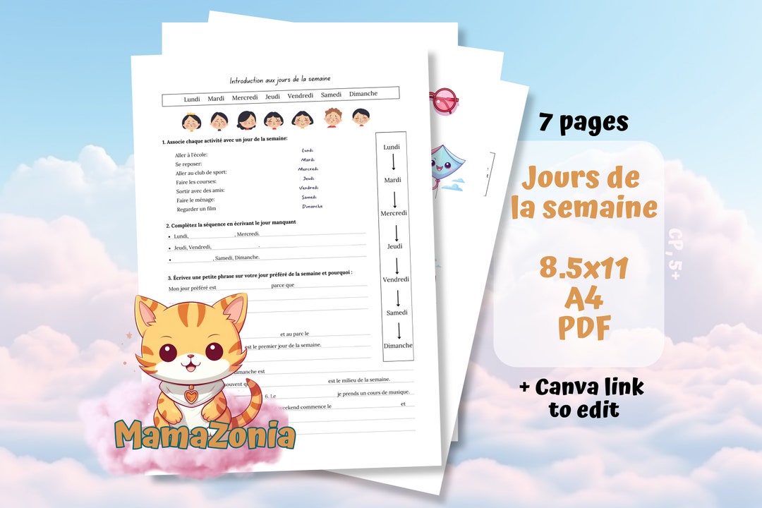 French Days of the Week Exercises for Kids 5 exercices - Etsy