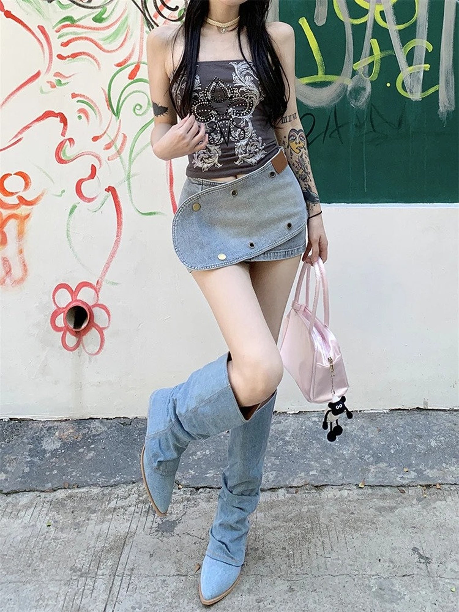 Chic High-waisted Denim Mini Skirt in Light Wash Street Style Staple ...