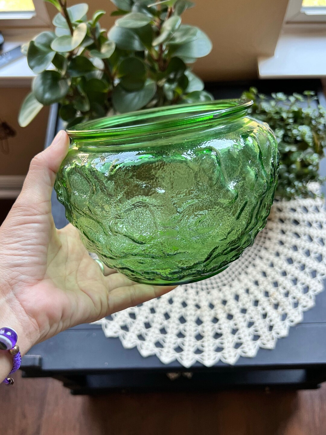Vintage Green Crinkle Glass Planter Container Eo Brody Co. Emerald ...