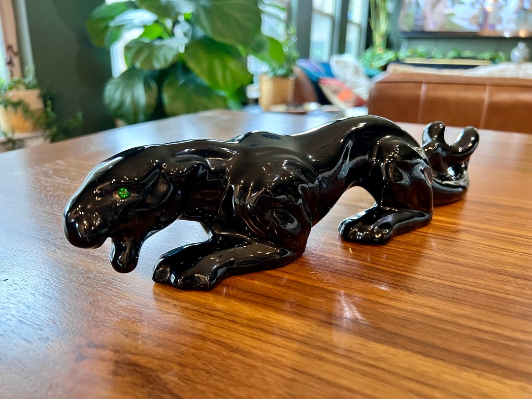 Vintage MCM Black Panther Statue L 13” L Green Emerald Eyes - Etsy