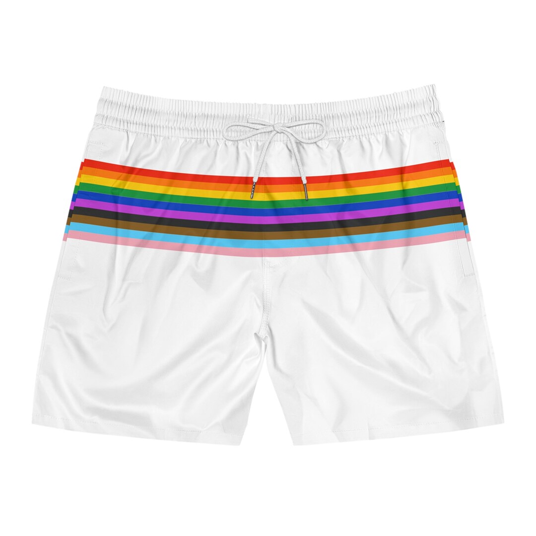 Rainbow Stripe Pride Swimsuit | Men's White Mid-length Swim Shorts - Etsy