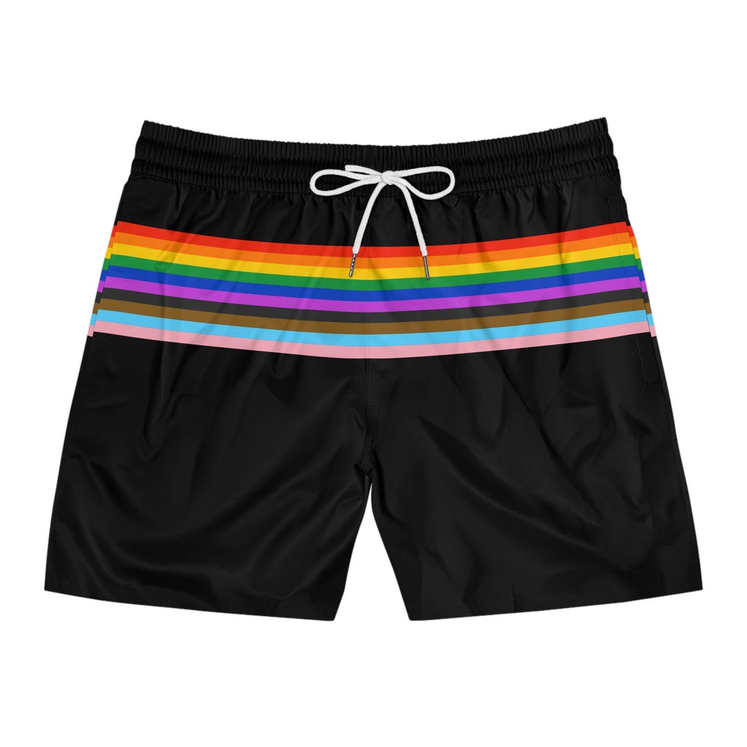 Rainbow Stripe Pride Swimsuit | Men's Black Mid-length Swim Shorts - Etsy