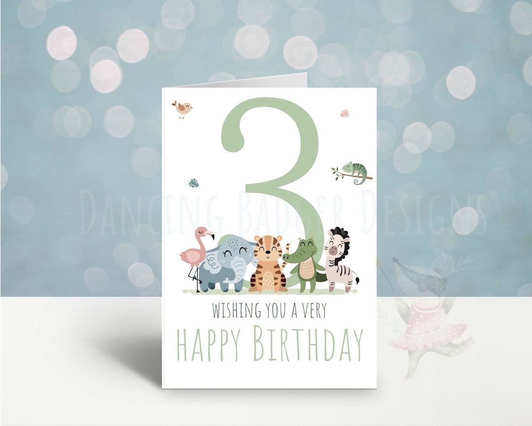 DIGITAL DOWNLOAD Birthday Card, Age 3 Years Old, Safari Friends ...