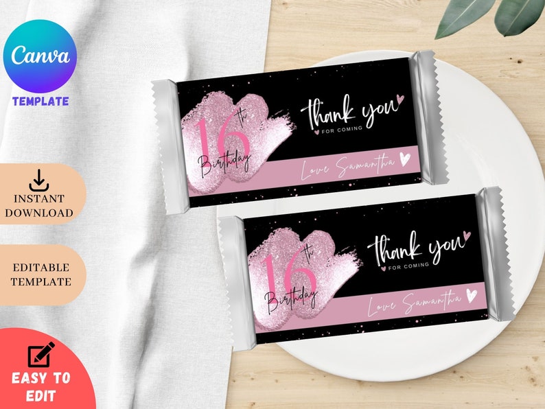 Hershey Bar Wrapper Editable Template in Canva | Black Pink Birthday ...