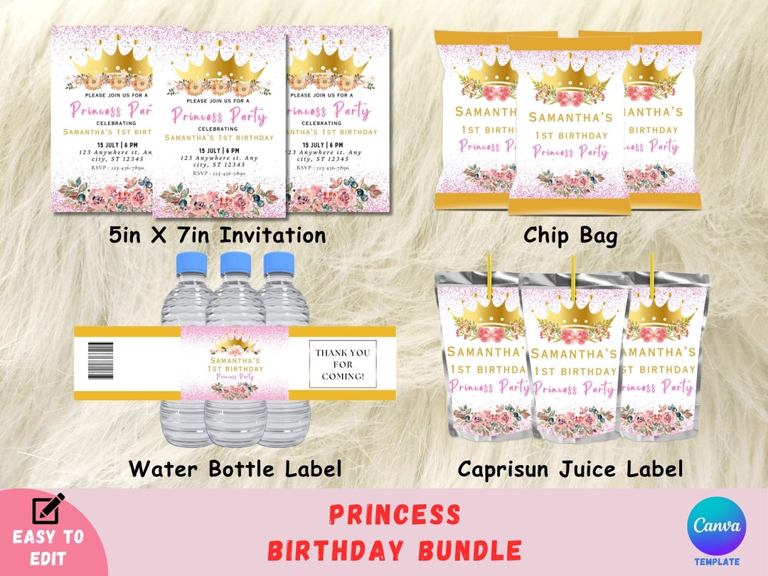 Princess Party Birthday Bundle Template Editable in Canva | Invitation ...