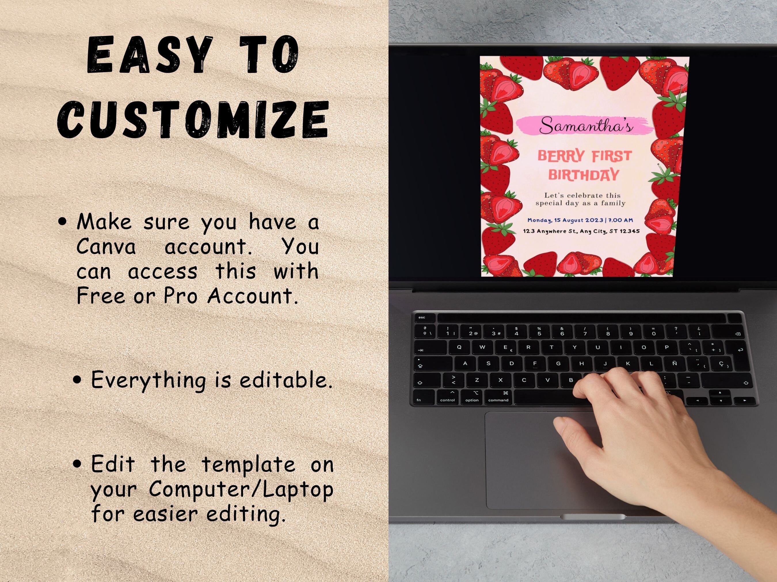 Berry First Birthday Invitation Canva Template | Strawberry Birthday ...