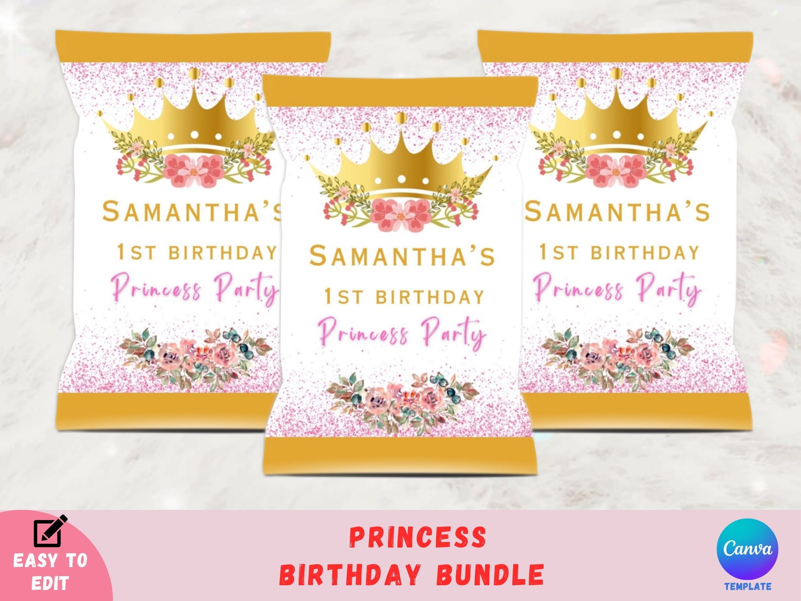 Princess Party Birthday Bundle Template Editable in Canva | Invitation ...