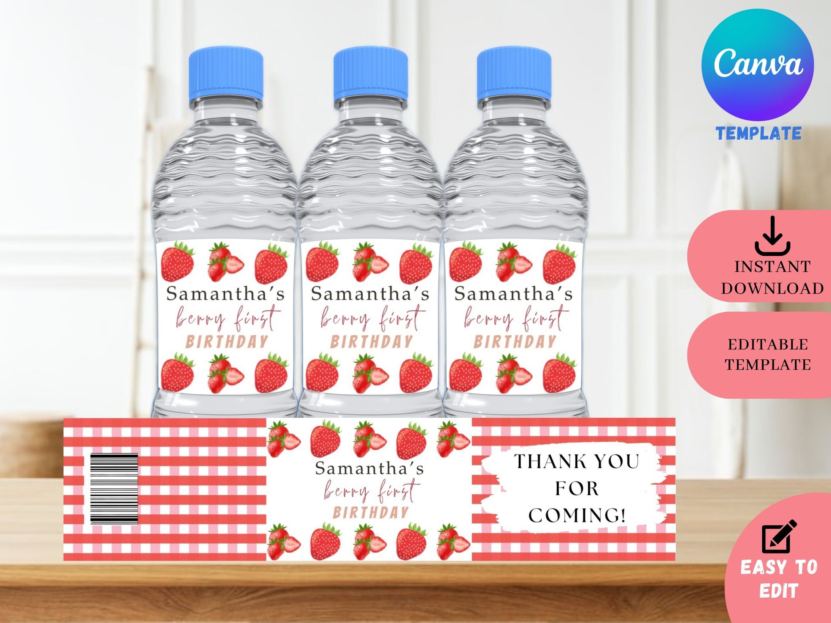 EDITABLE Berry First Birthday Water Bottle Label Stickers Template ...