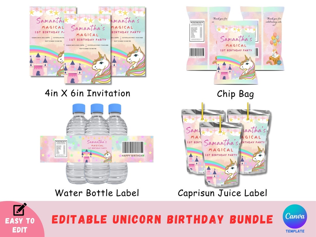 Editable Unicorn Birthday Bundle | Unicorn Party Favor Bundle | Pastel ...