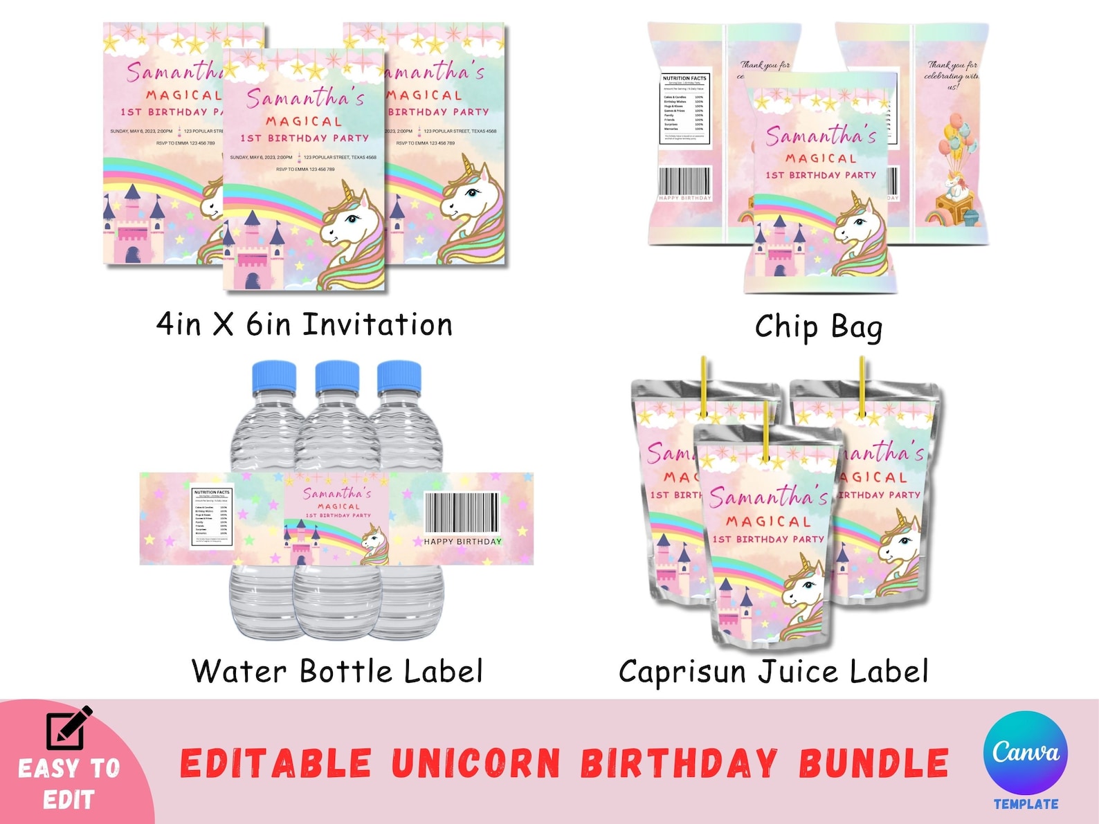 Editable Unicorn Birthday Bundle | Unicorn Party Favor Bundle | Pastel ...
