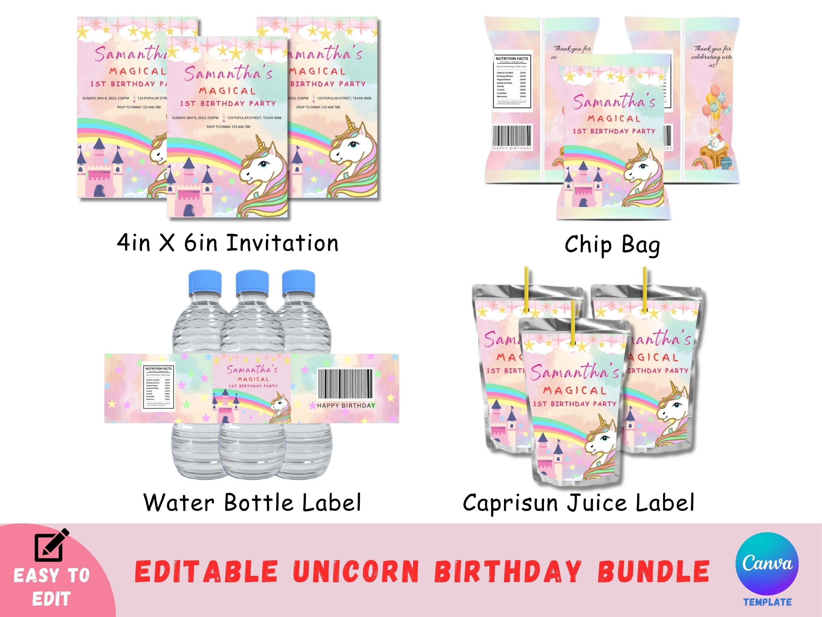Editable Unicorn Birthday Bundle | Unicorn Party Favor Bundle | Pastel ...
