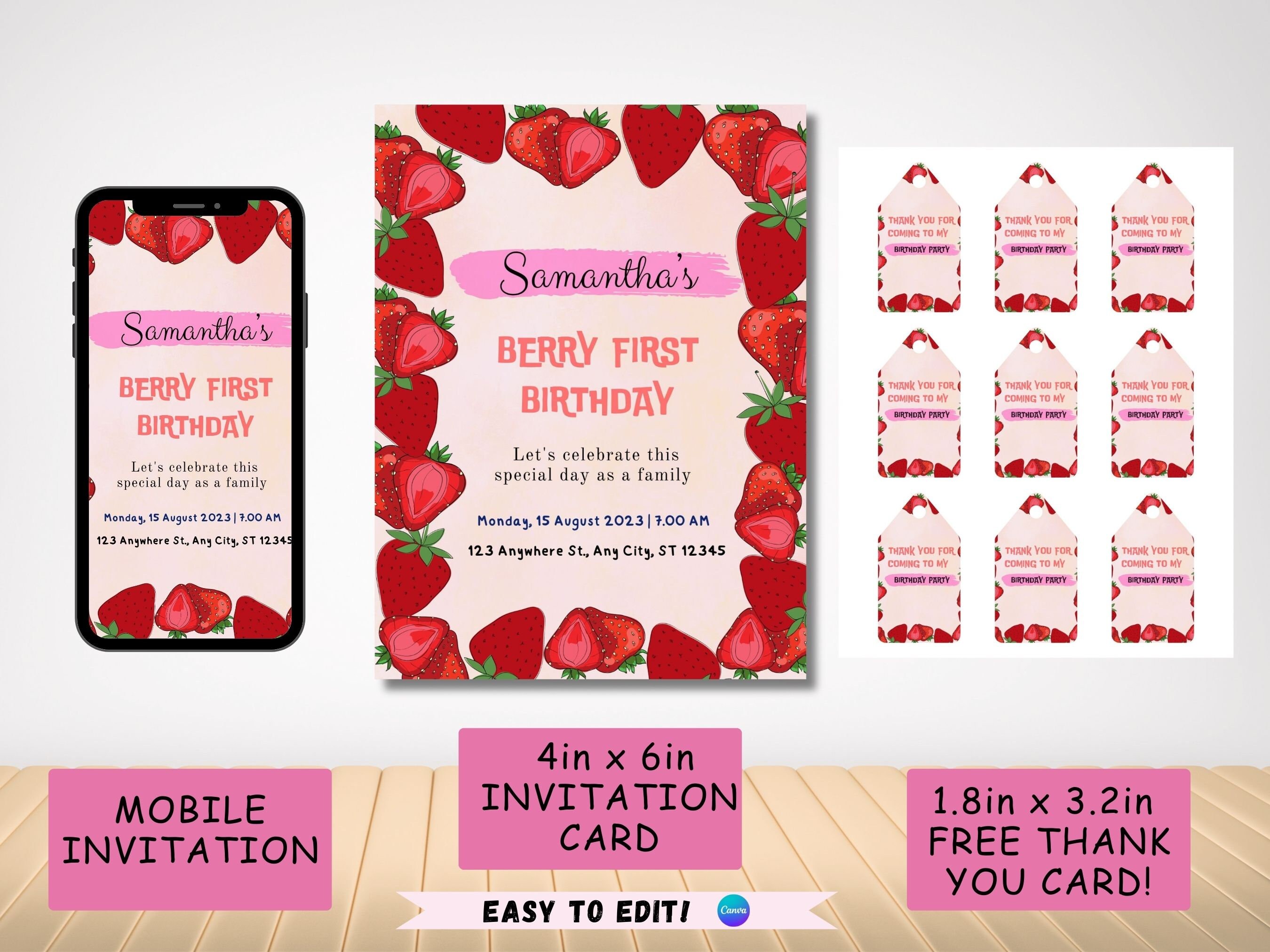 Berry First Birthday Invitation Canva Template | Strawberry Birthday ...