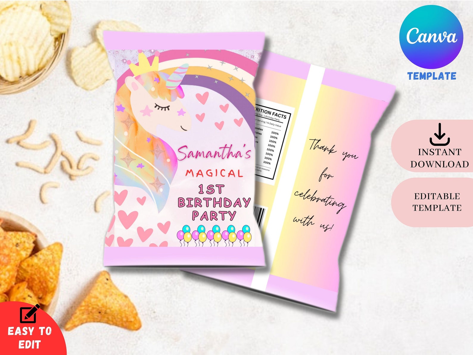 Unicorn Birthday Chip Bag Label Template | Editable in Canva | Party ...