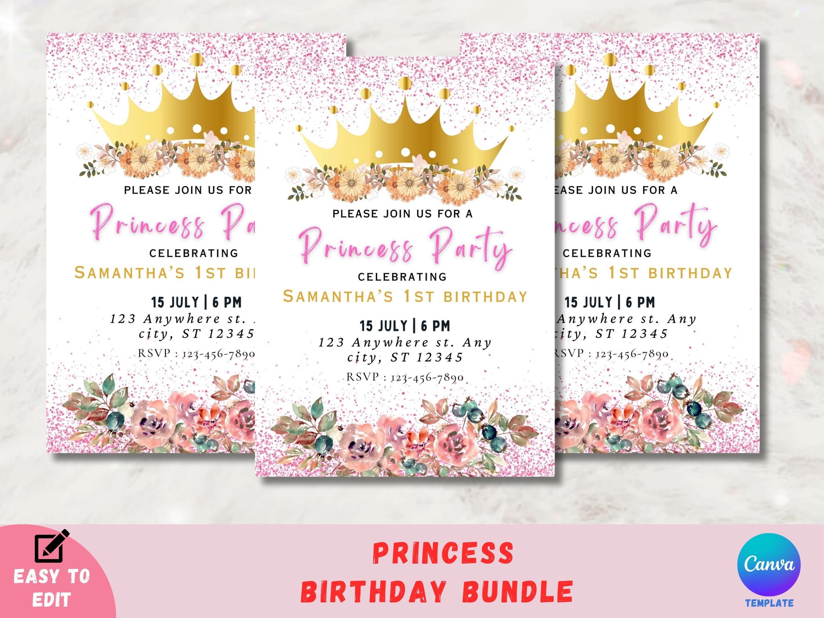 Princess Party Birthday Bundle Template Editable in Canva | Invitation ...