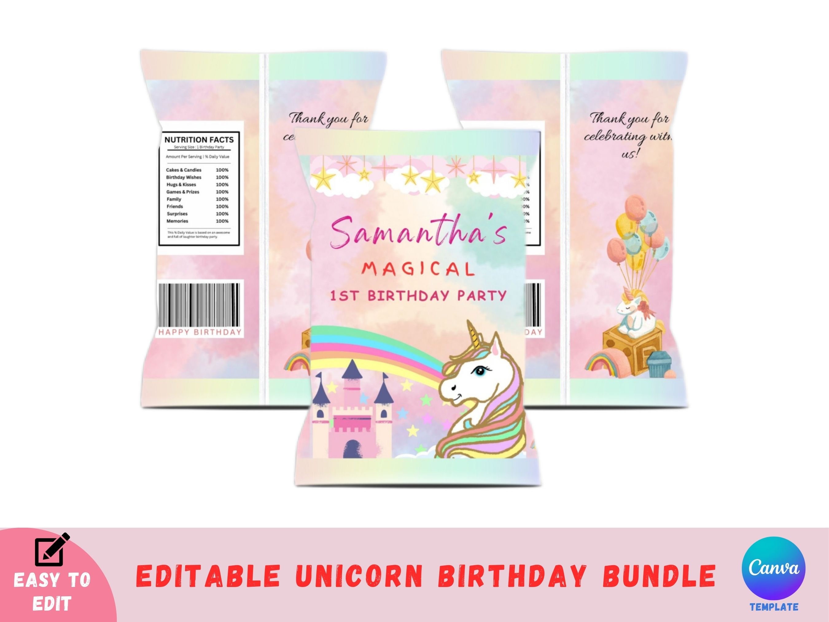 Editable Unicorn Birthday Bundle | Unicorn Party Favor Bundle | Pastel ...