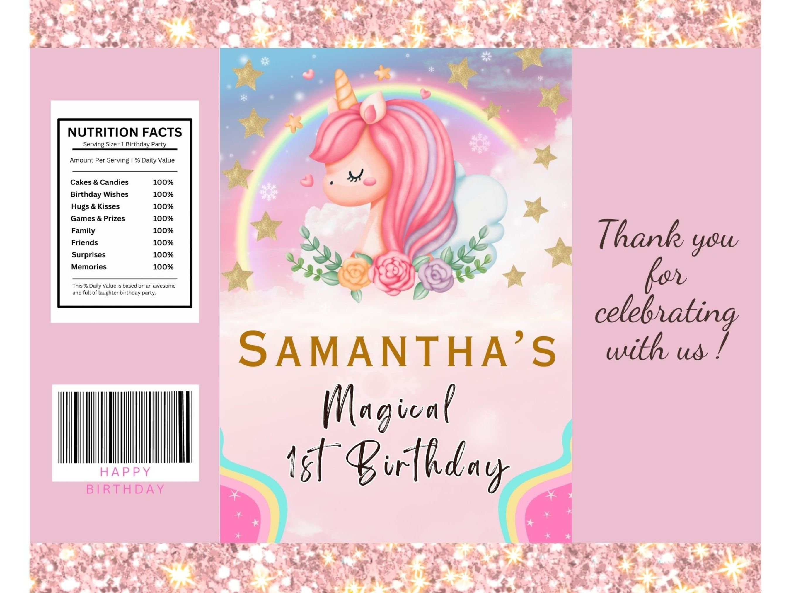 Unicorn Birthday Chip Bag Template in Canva Unicorn Chip Bag Label Chip ...