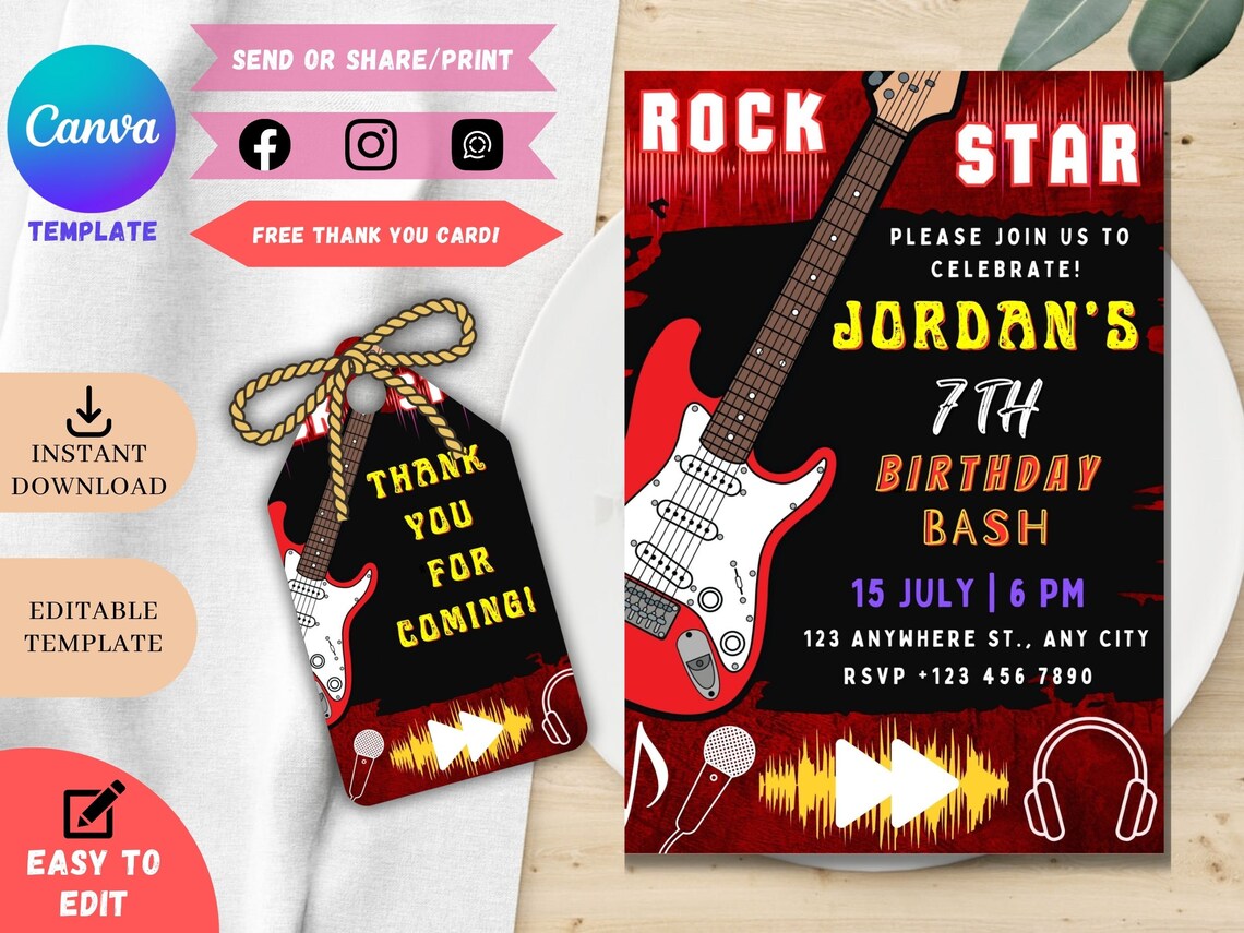 Editable Rockstar Music Birthday Invitation Birthday Invites Template ...