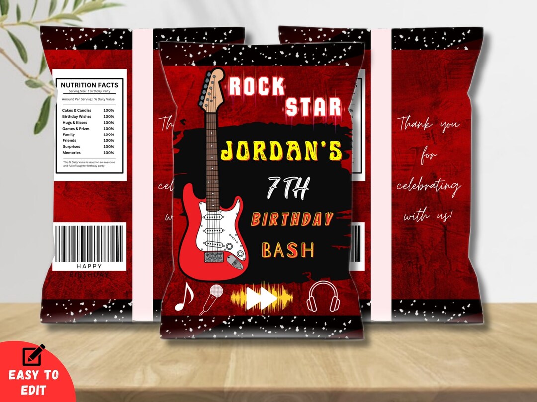Editable Rockstar Music Chip Bag | Birthday Chip Bag Template | Party ...