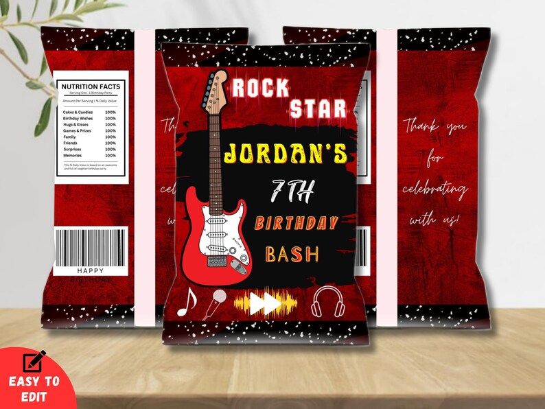 Editable Rockstar Music Chip Bag | Birthday Chip Bag Template | Party ...