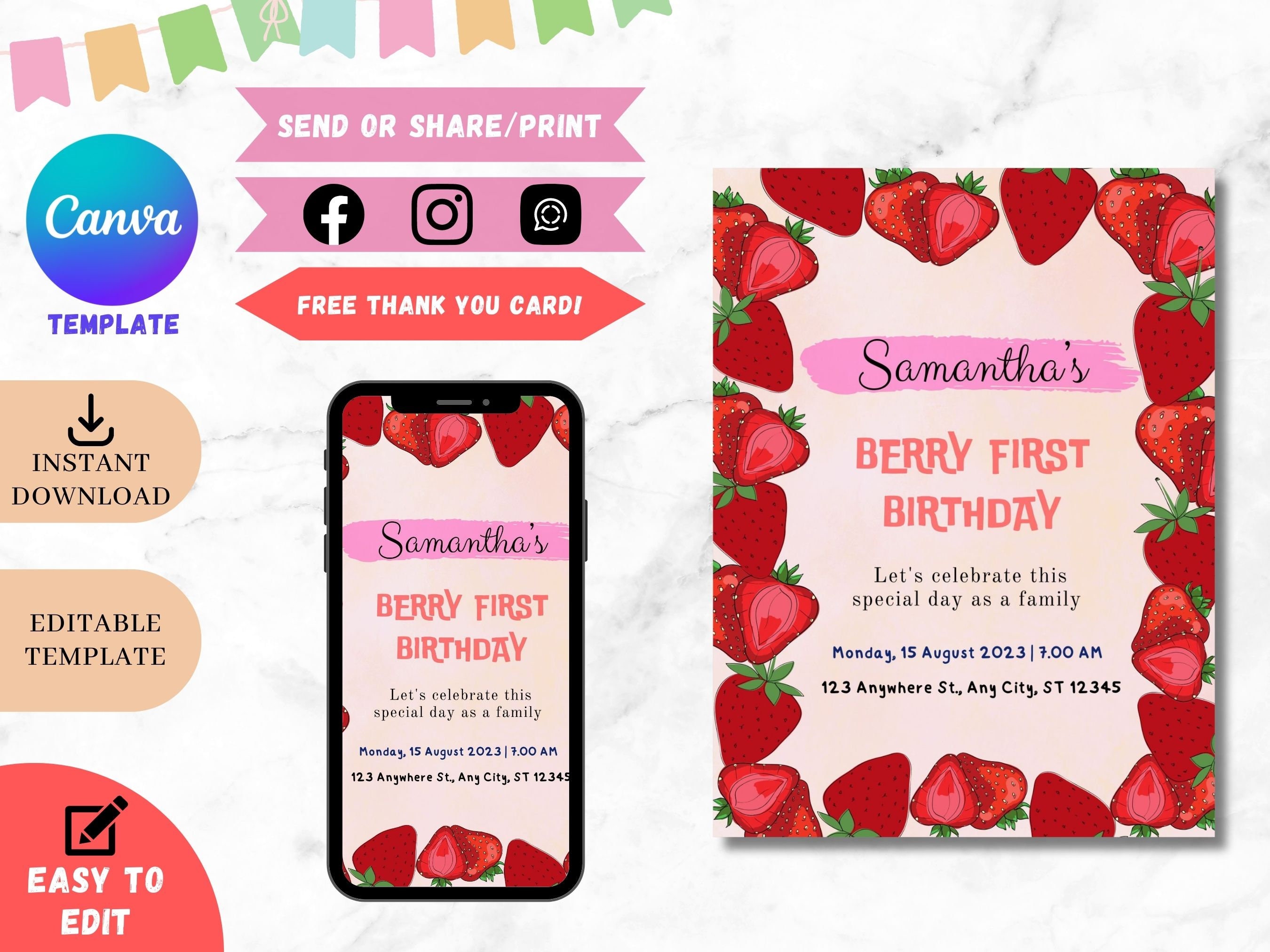 Berry First Birthday Invitation Canva Template | Strawberry Birthday ...