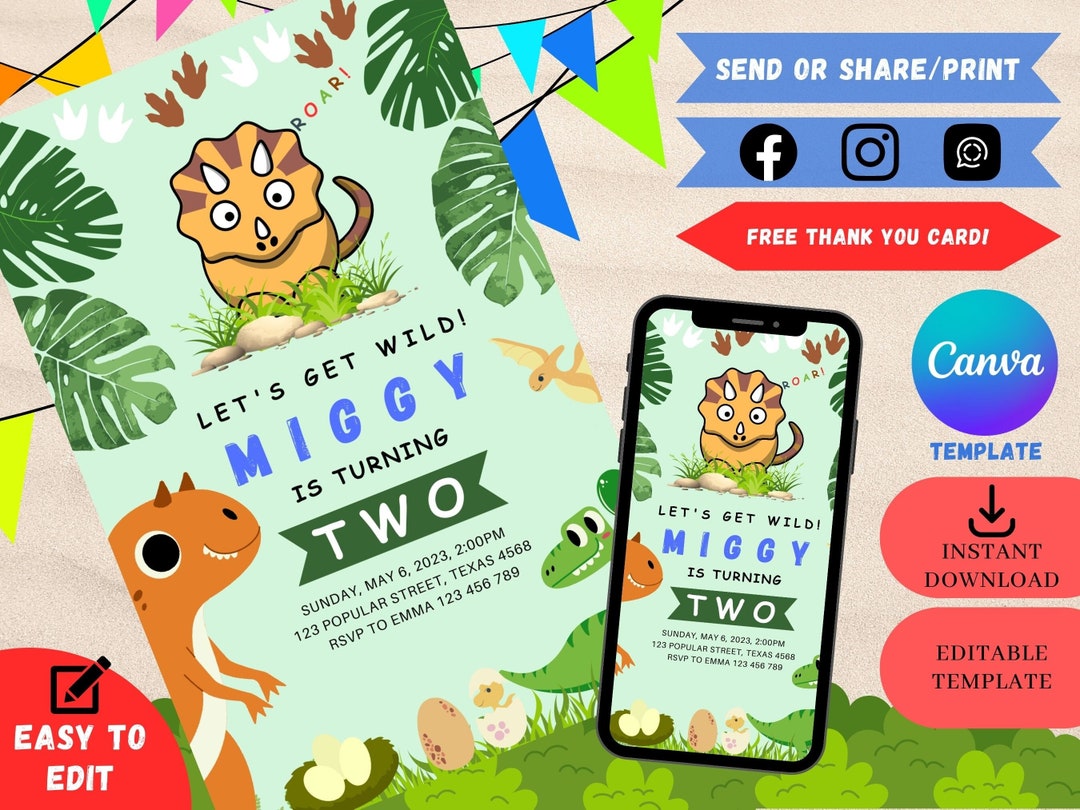 Dinosaur Birthday Invitation | Editable Canva Template | Dinosaur ...