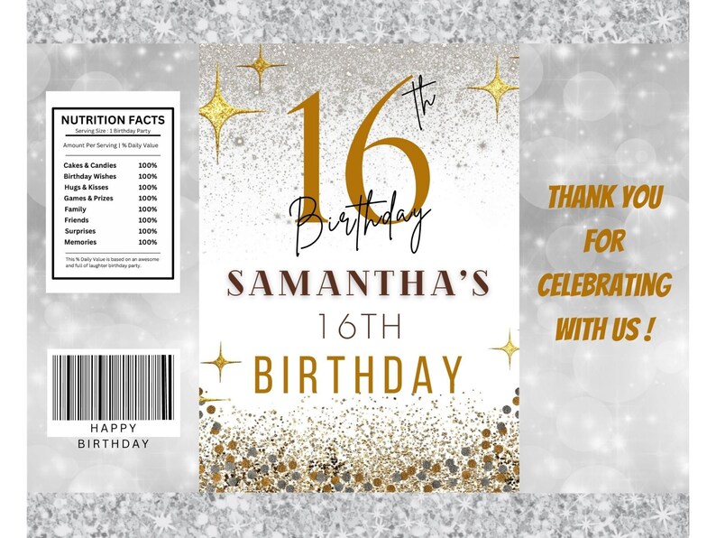 MINIMALIST Sweet 16 Editable Silver Gold Birthday Chip Bag Wrapper ...