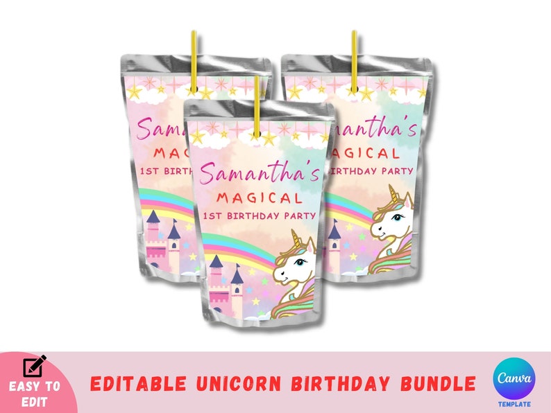 Editable Unicorn Birthday Bundle | Unicorn Party Favor Bundle | Pastel ...