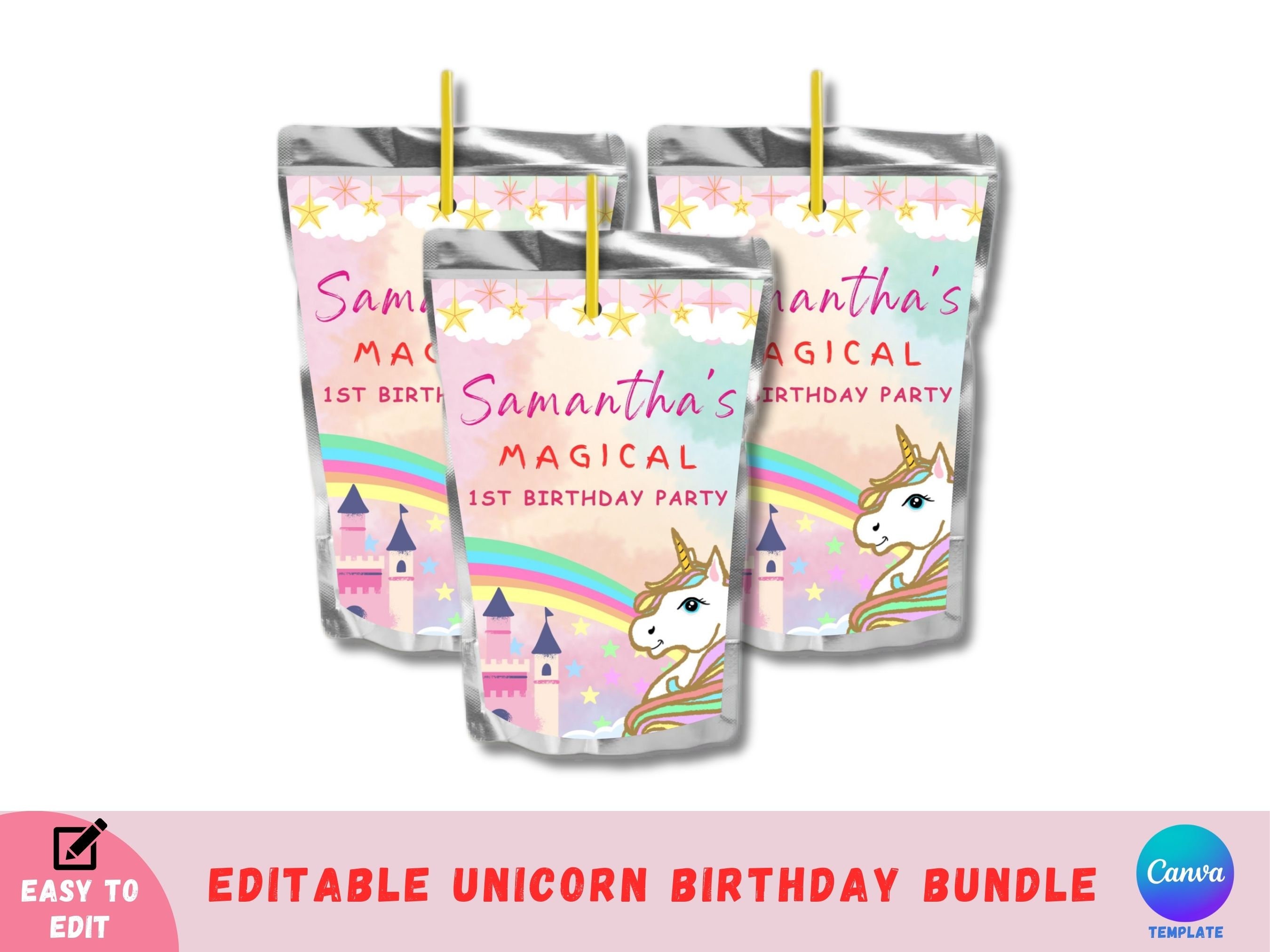 Editable Unicorn Birthday Bundle | Unicorn Party Favor Bundle | Pastel ...