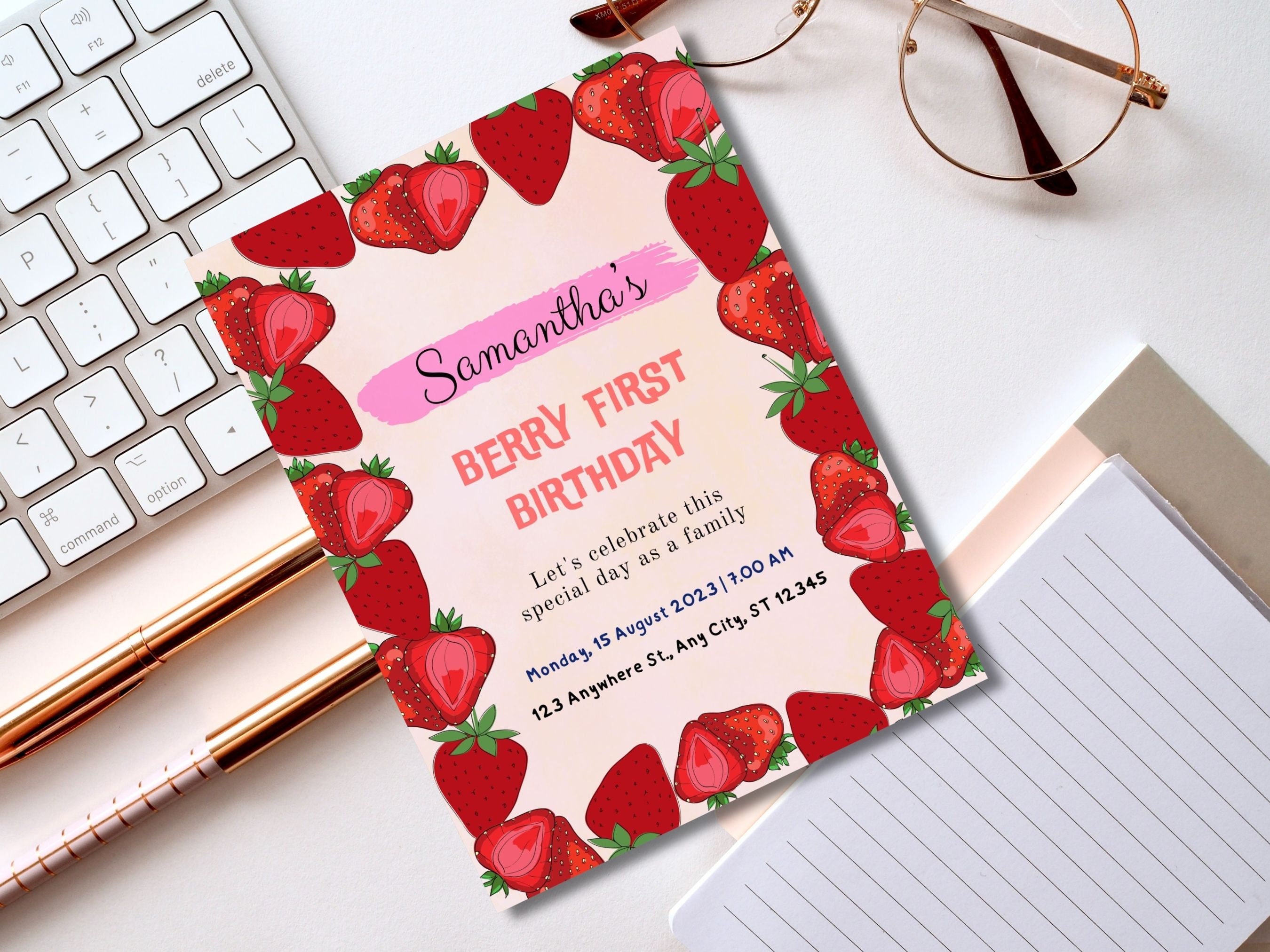 Berry First Birthday Invitation Canva Template | Strawberry Birthday ...