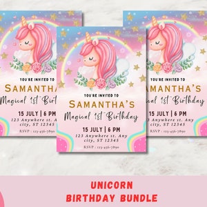 Unicorn Birthday Bundle Canva Template Birthday Invitation Chip Bags ...