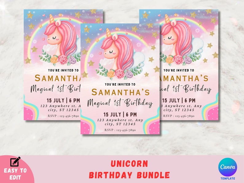 Unicorn Birthday Bundle Canva Template Birthday Invitation Chip Bags ...