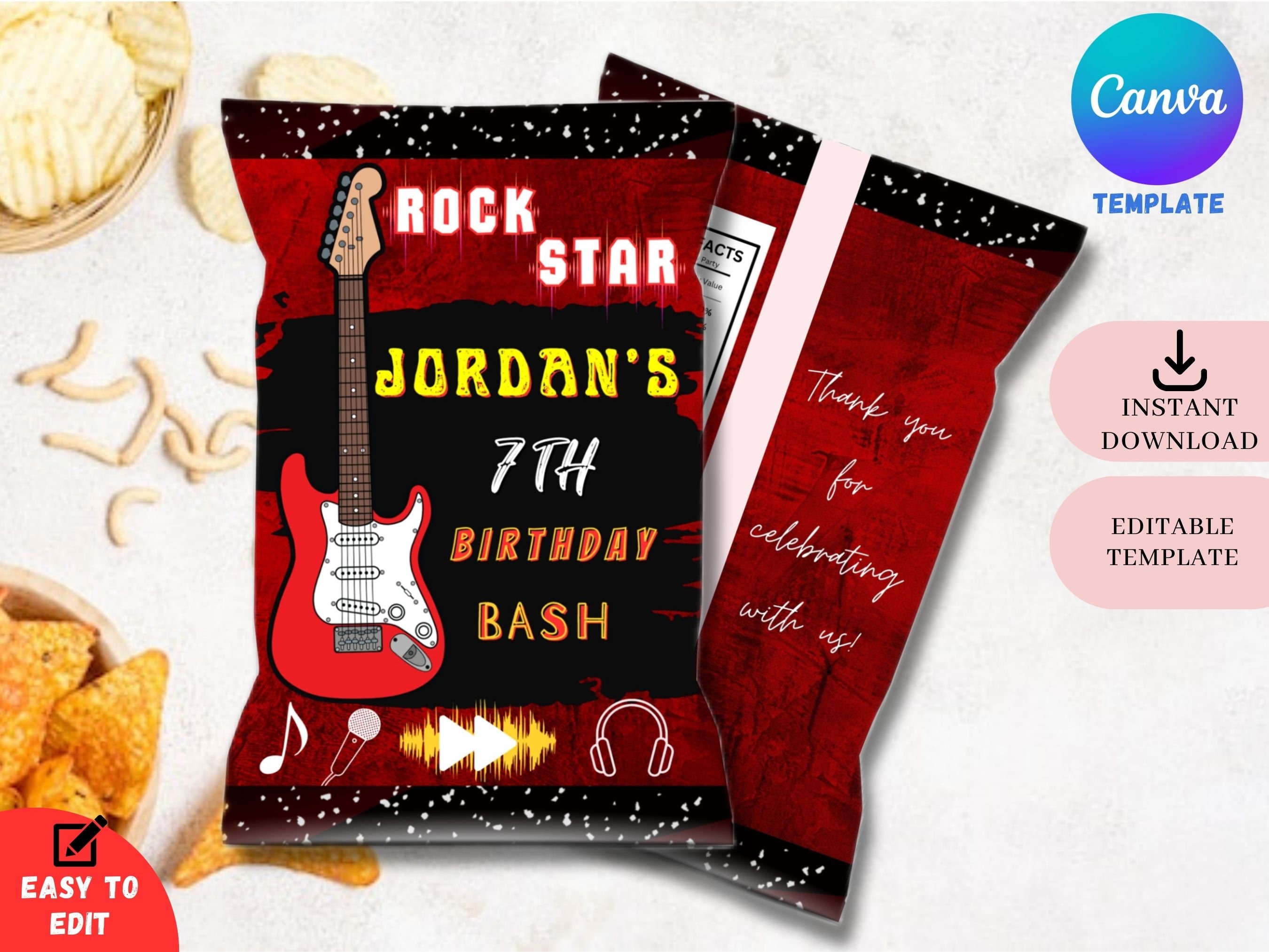 Editable Rockstar Music Chip Bag | Birthday Chip Bag Template | Party ...