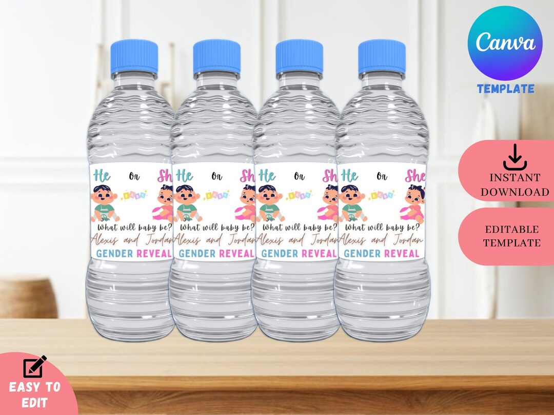 Gender Reveal Water Bottle Label Template in Canva Editable Template ...