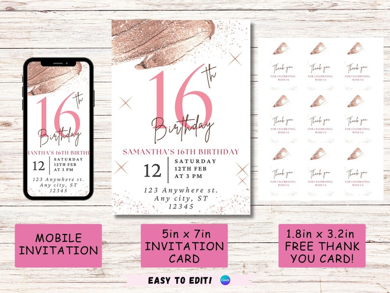 Rose Gold Glitter Birthday Invitation | Sweet 16 Birthday Invitation ...