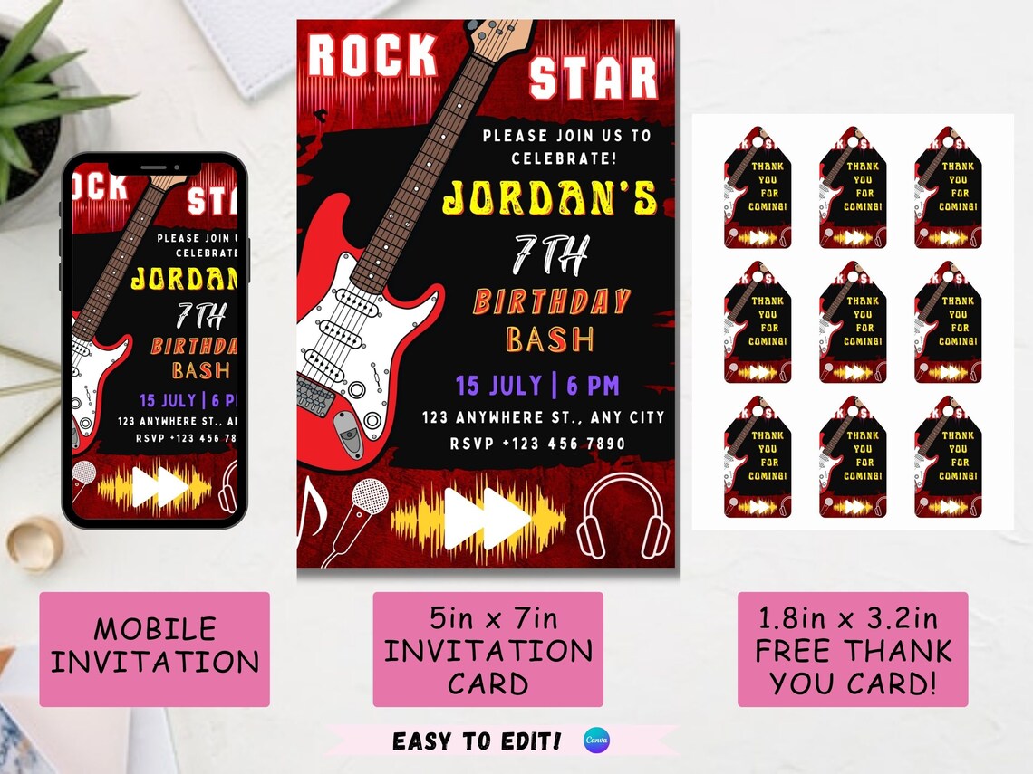 Editable Rockstar Music Birthday Invitation | Birthday Invites Template ...