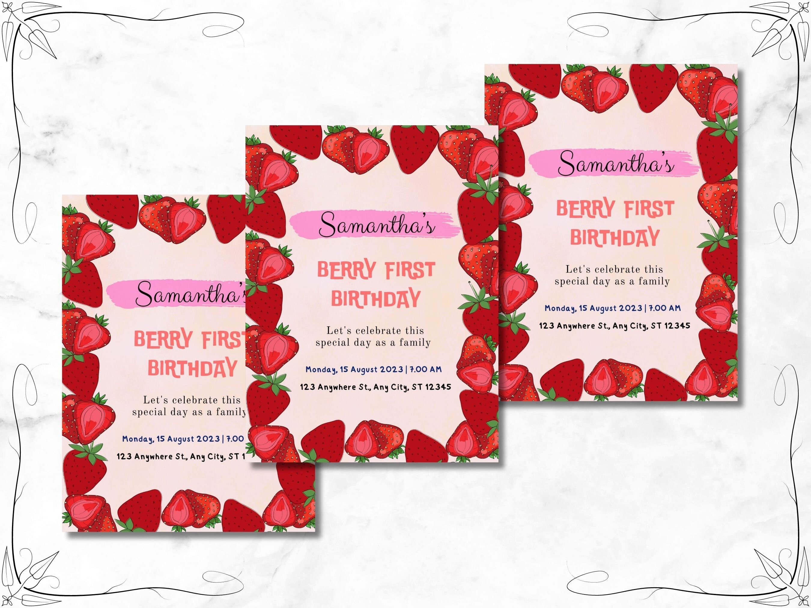 Berry First Birthday Invitation Canva Template | Strawberry Birthday ...