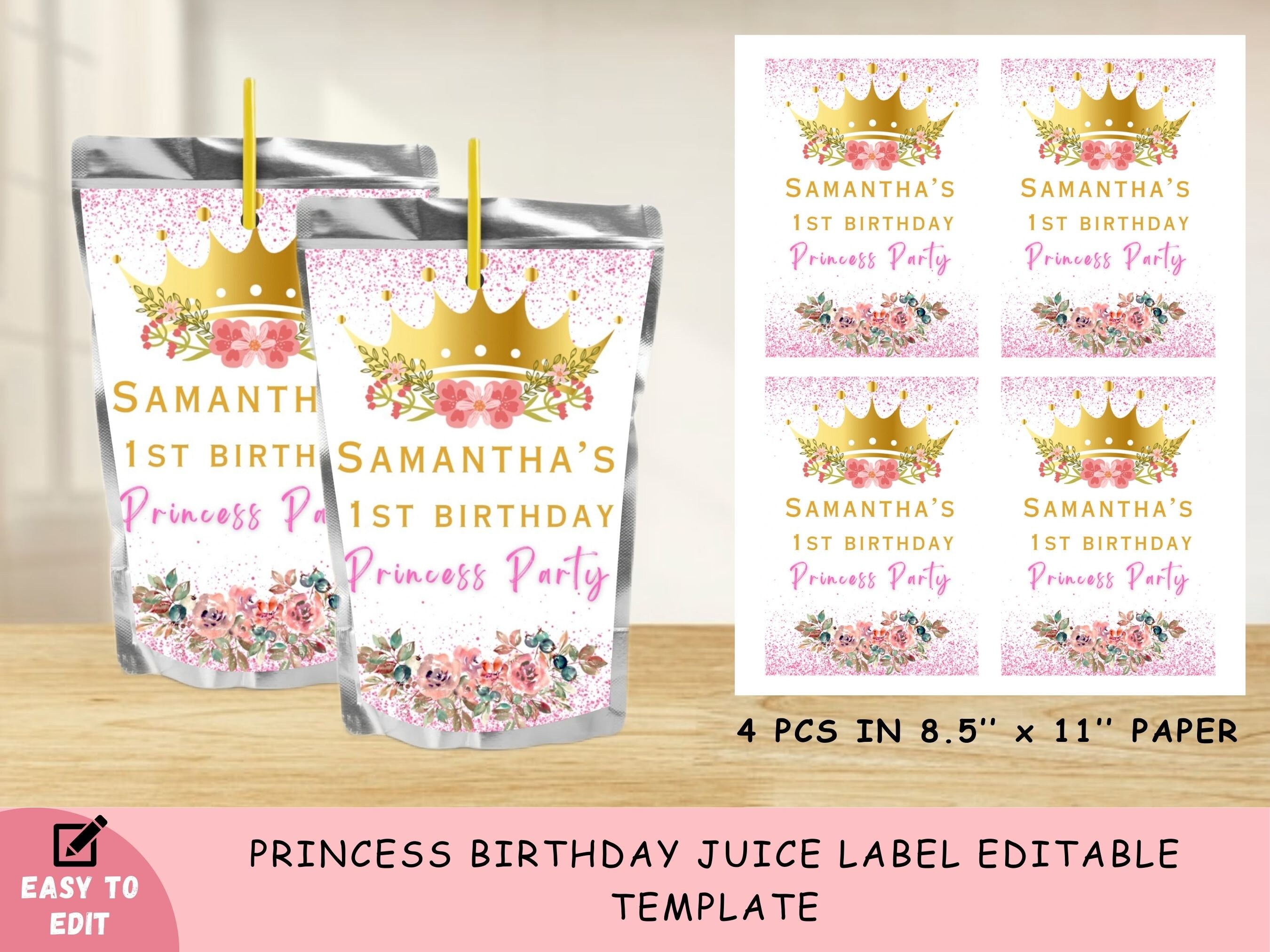 Caprisun Label Template Princess Editable in Canva Princess Birthday ...