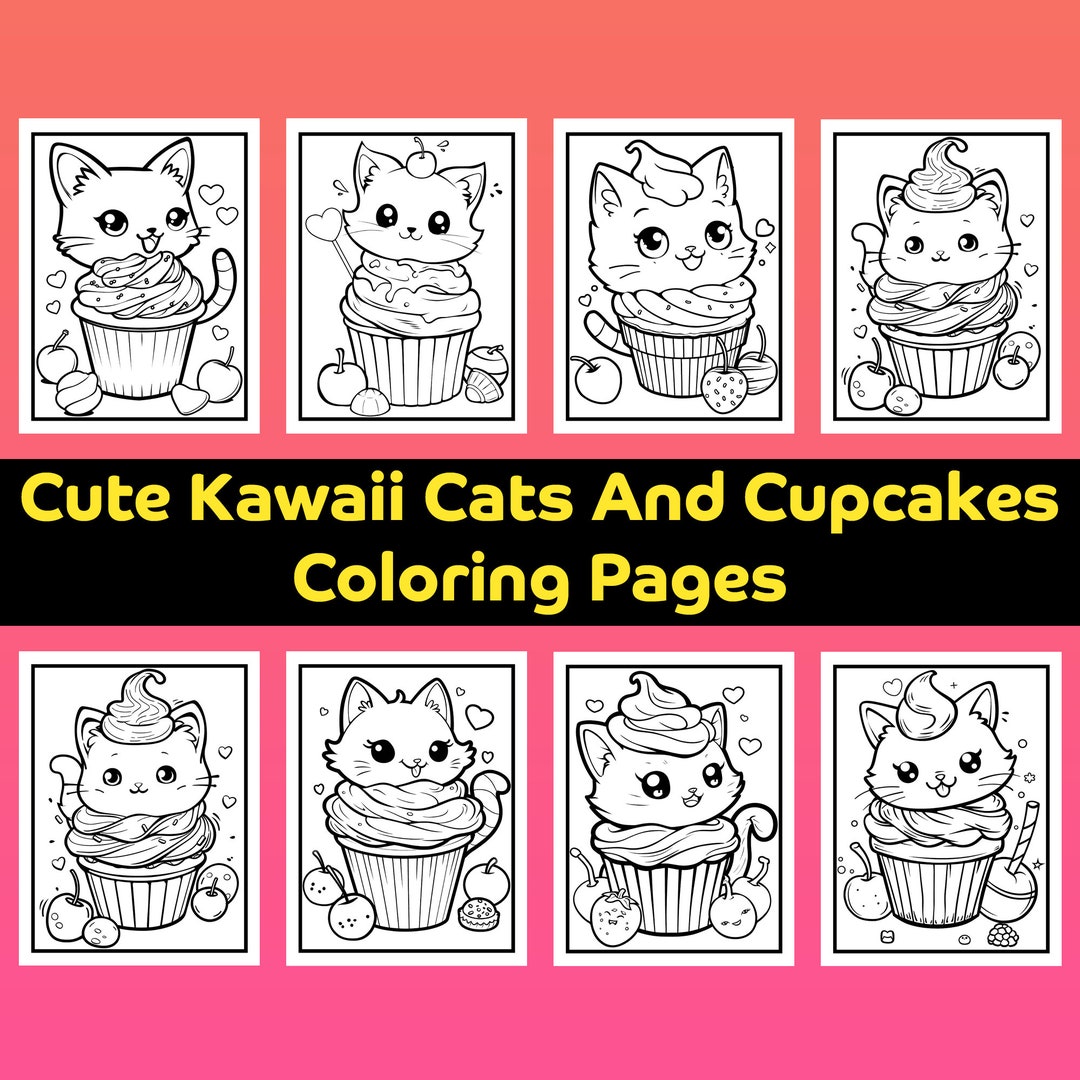 Cute Kawaii Cats and Cupcake Coloring Book Digital Download Cat ...